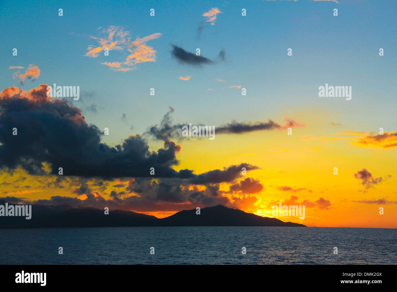 Amazing colorful sunset on the exotic island of Seychelles Stock Photo ...