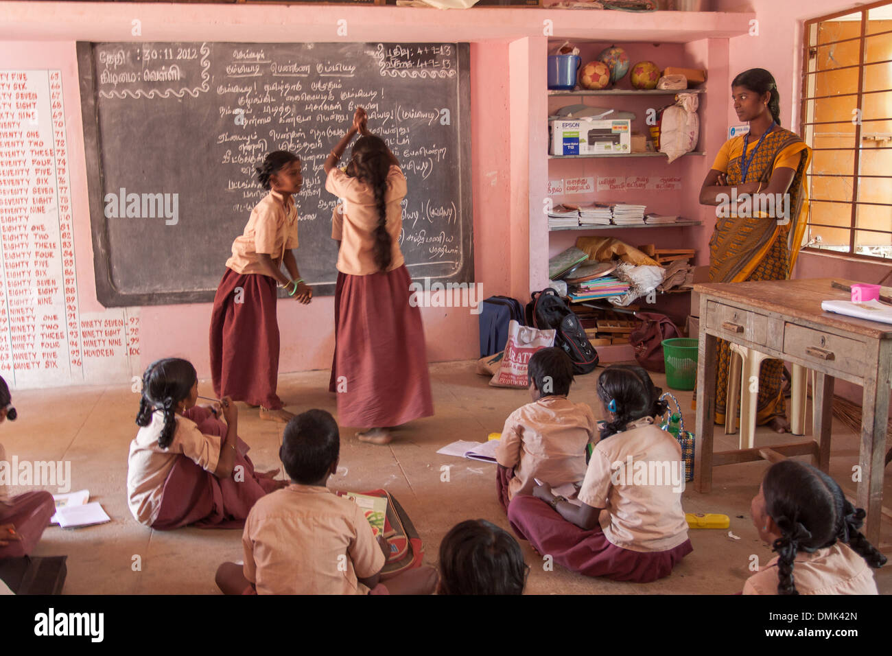INDIAN GIRLS WORKING AT THE BLACKBOARD WATCHED BY THEIR TEACHER AND ...