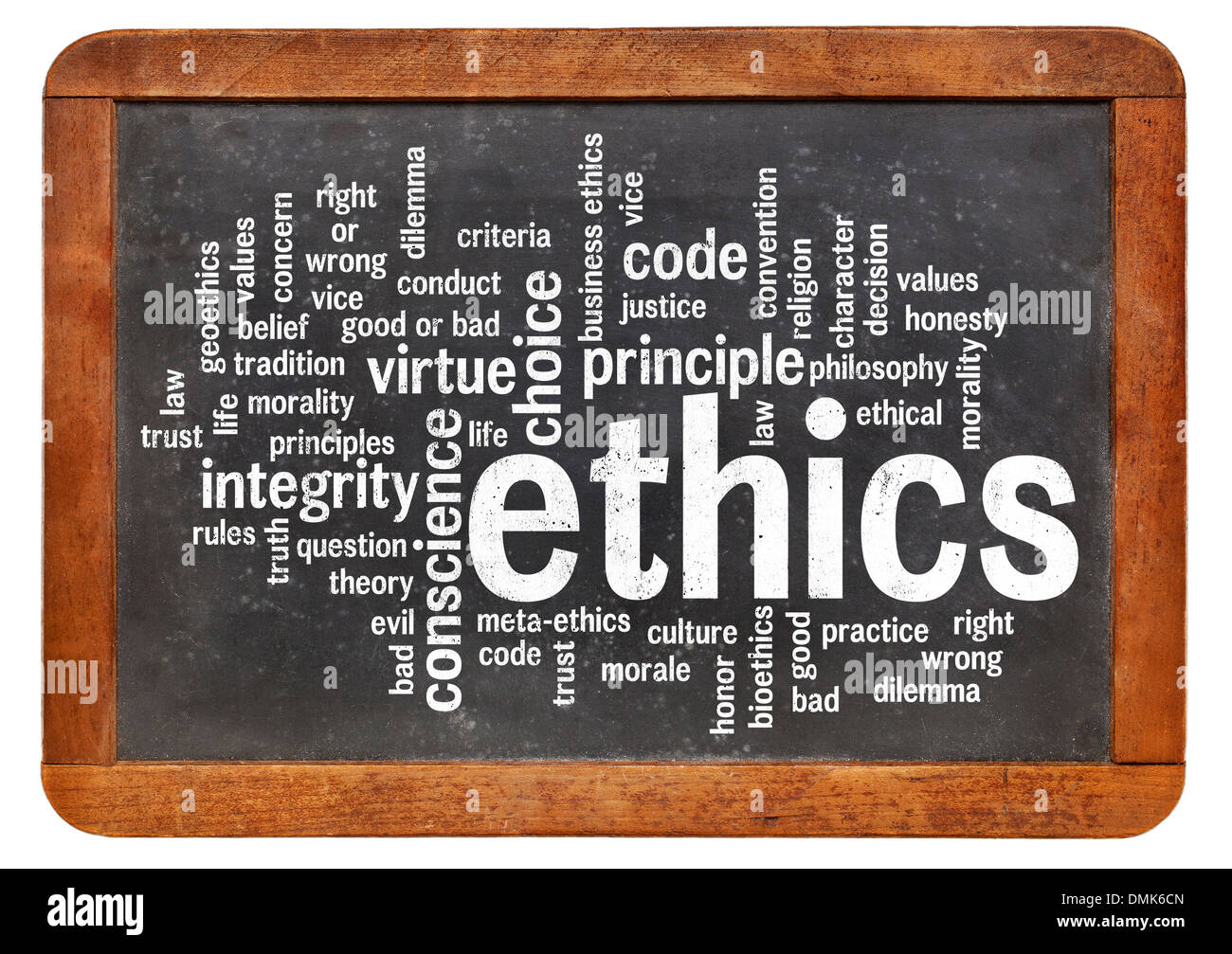 cloud of words or tags related to ethics and moral dilemma on a vintage ...