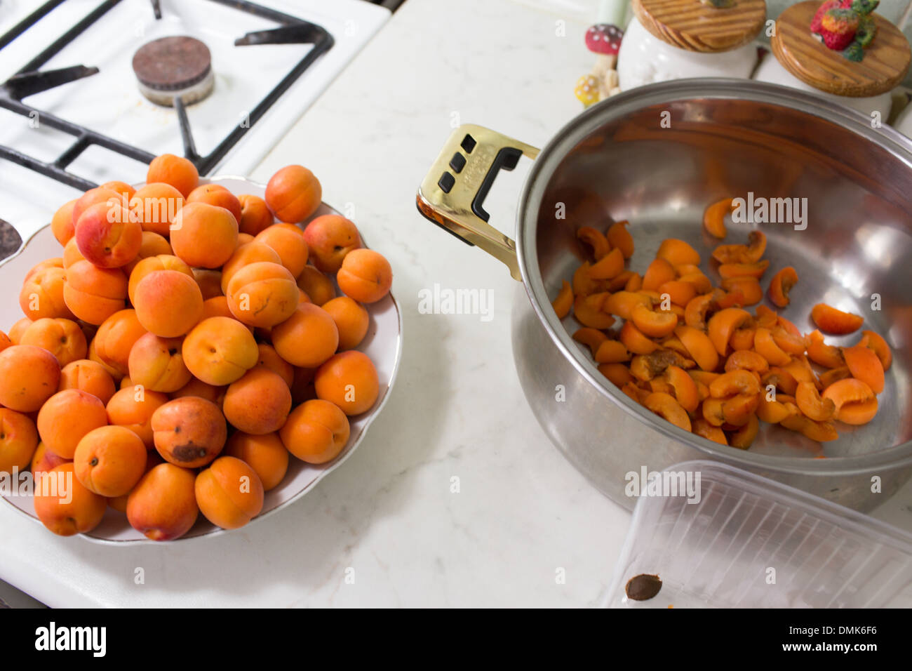 In the Polish kitchen. Preparing a delicious apricot jam Stock Photo ...