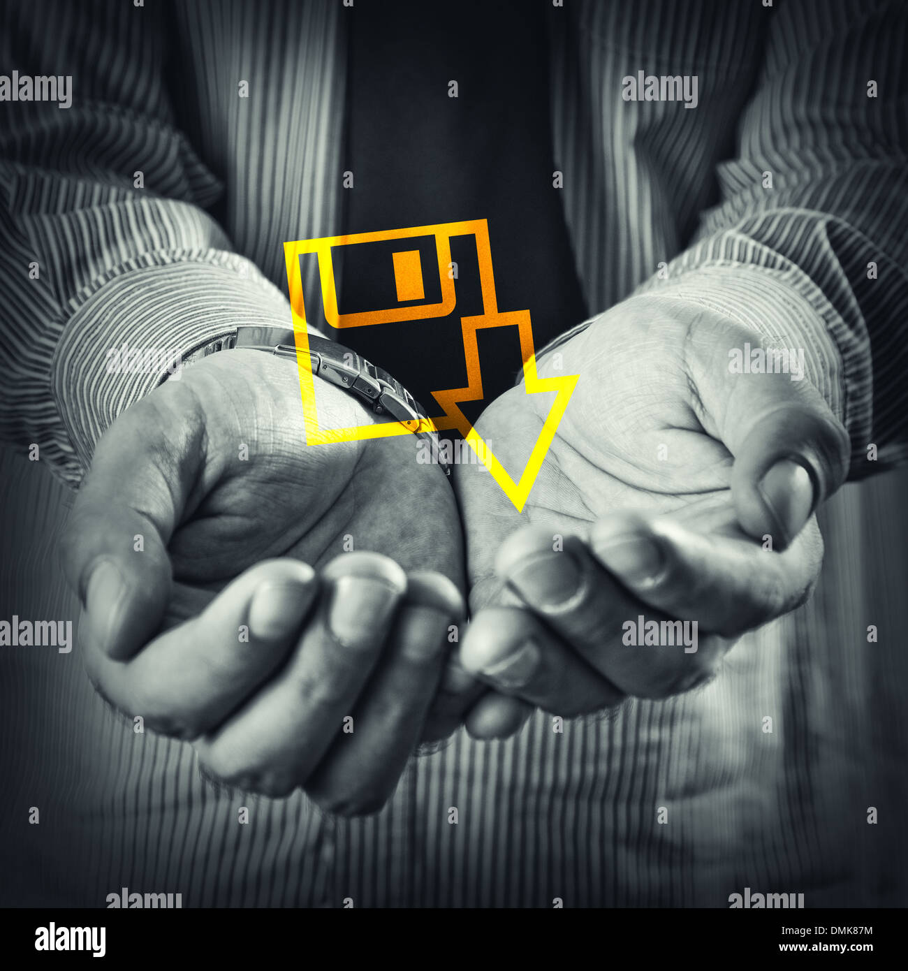 Open hands of a man with file download icon Stock Photo - Alamy