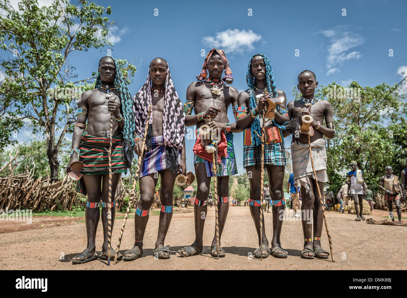 Portrait of five young Hamer-Bena men, Key Afer, Omo Valley, Ethiopia ...
