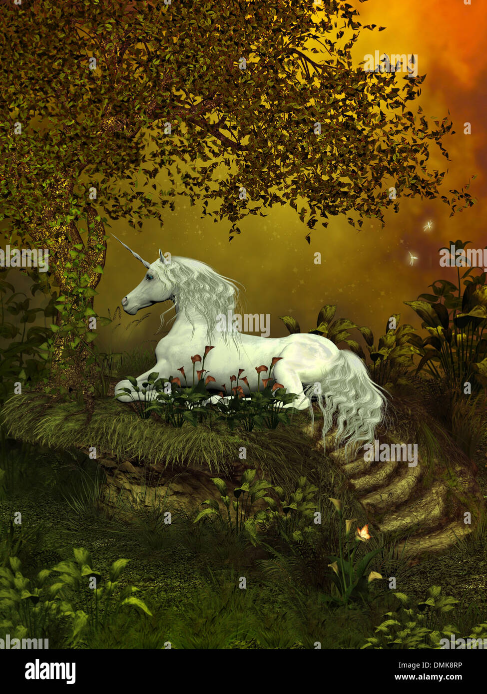 A Beautiful White Unicorn Lays Underneath A Forest Tree To Rest Among