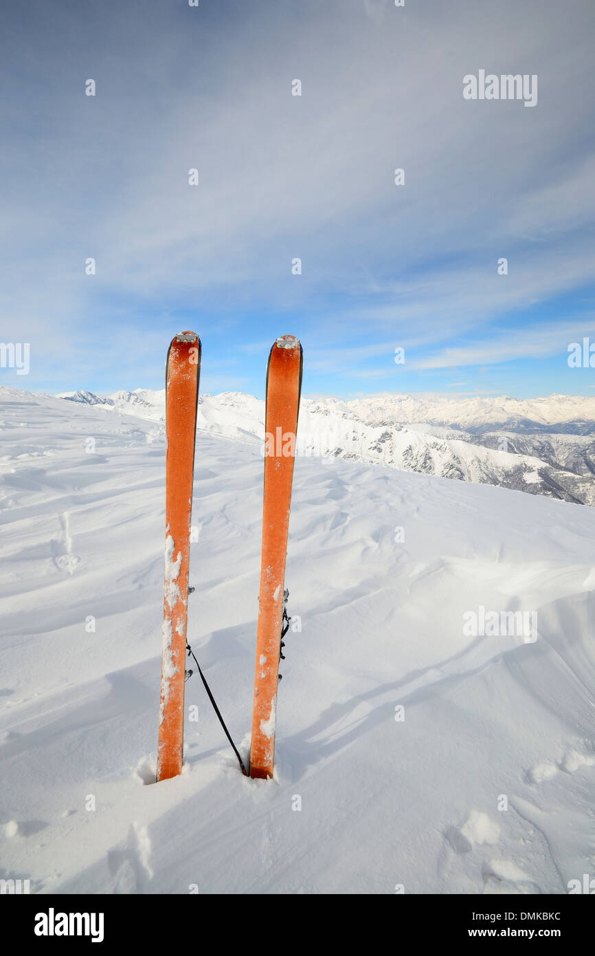Back country ski and ski tour equipment in scenic alpine backgrounds ...