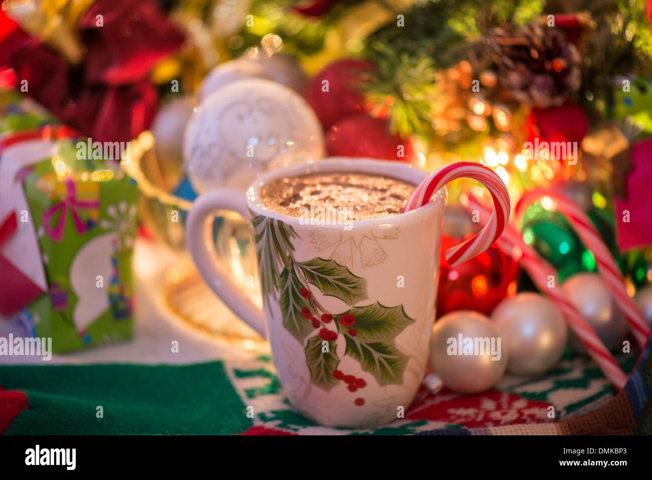 Christmas Decorations with Hot Cocoa in Mug Stock Photo - Alamy