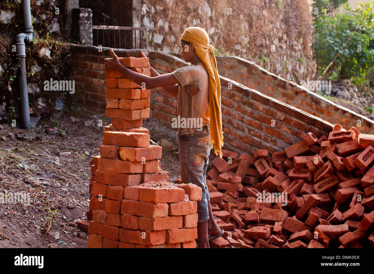 Young Indian man carrying bricks Stock Photo - Alamy