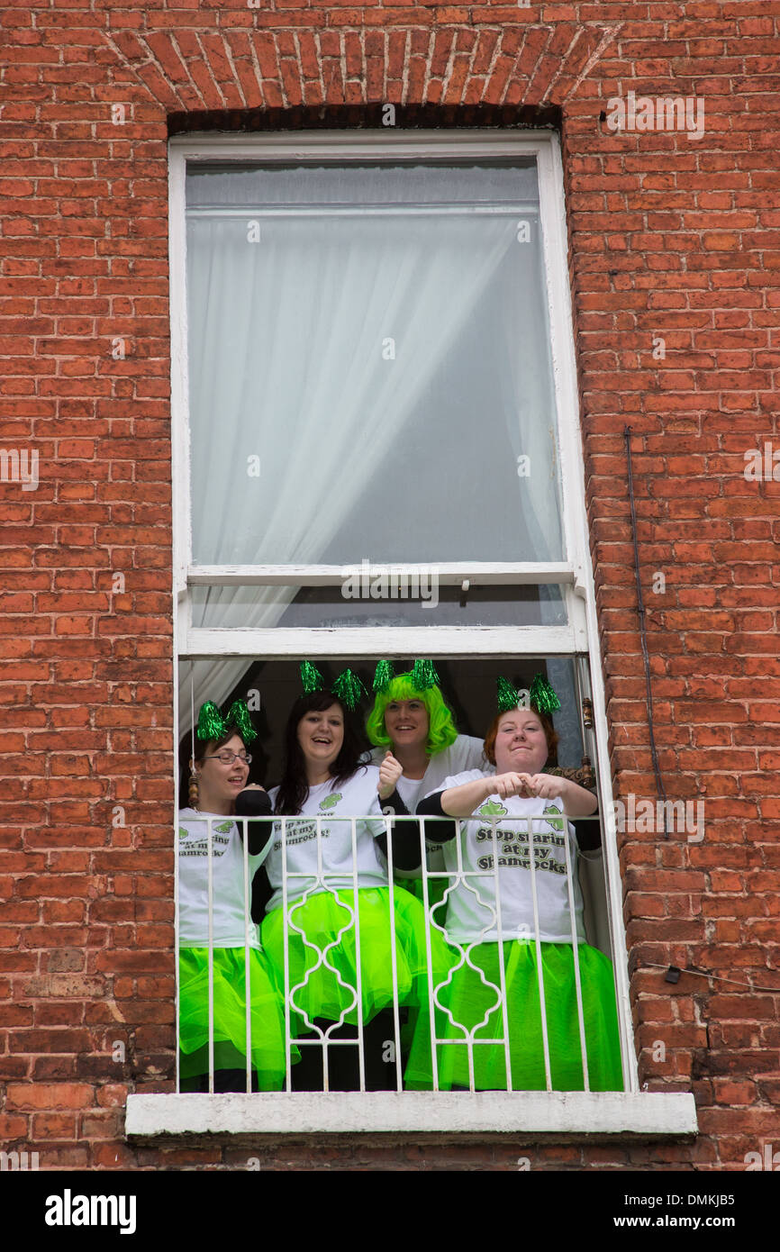 WOMEN WEARING THE GREEN COLOUR OF THE IRISH CLOVER, SPECTATORS ON THE ...