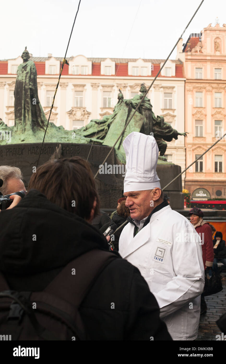 Mayor of Prague of that time Bohuslav Svoboda gives away free fish soup ...