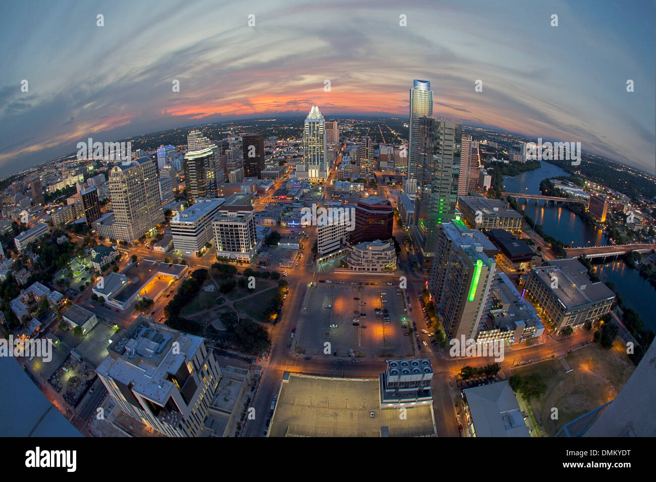 This bird's eye view shows downtown Austin and the Austin skyline with ...