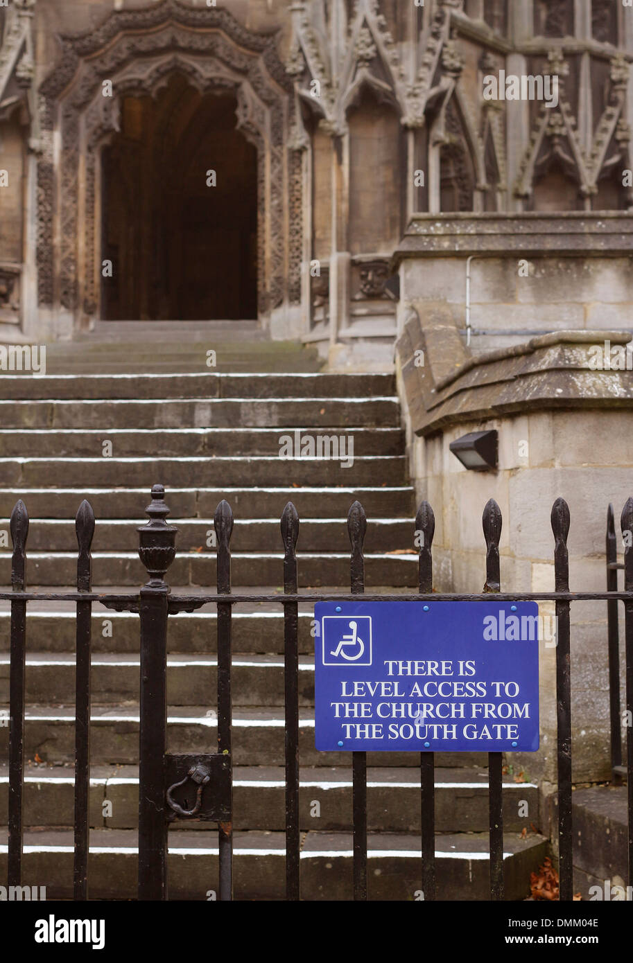 Disabled access sign on the gates at the base of the steps to St Mary ...