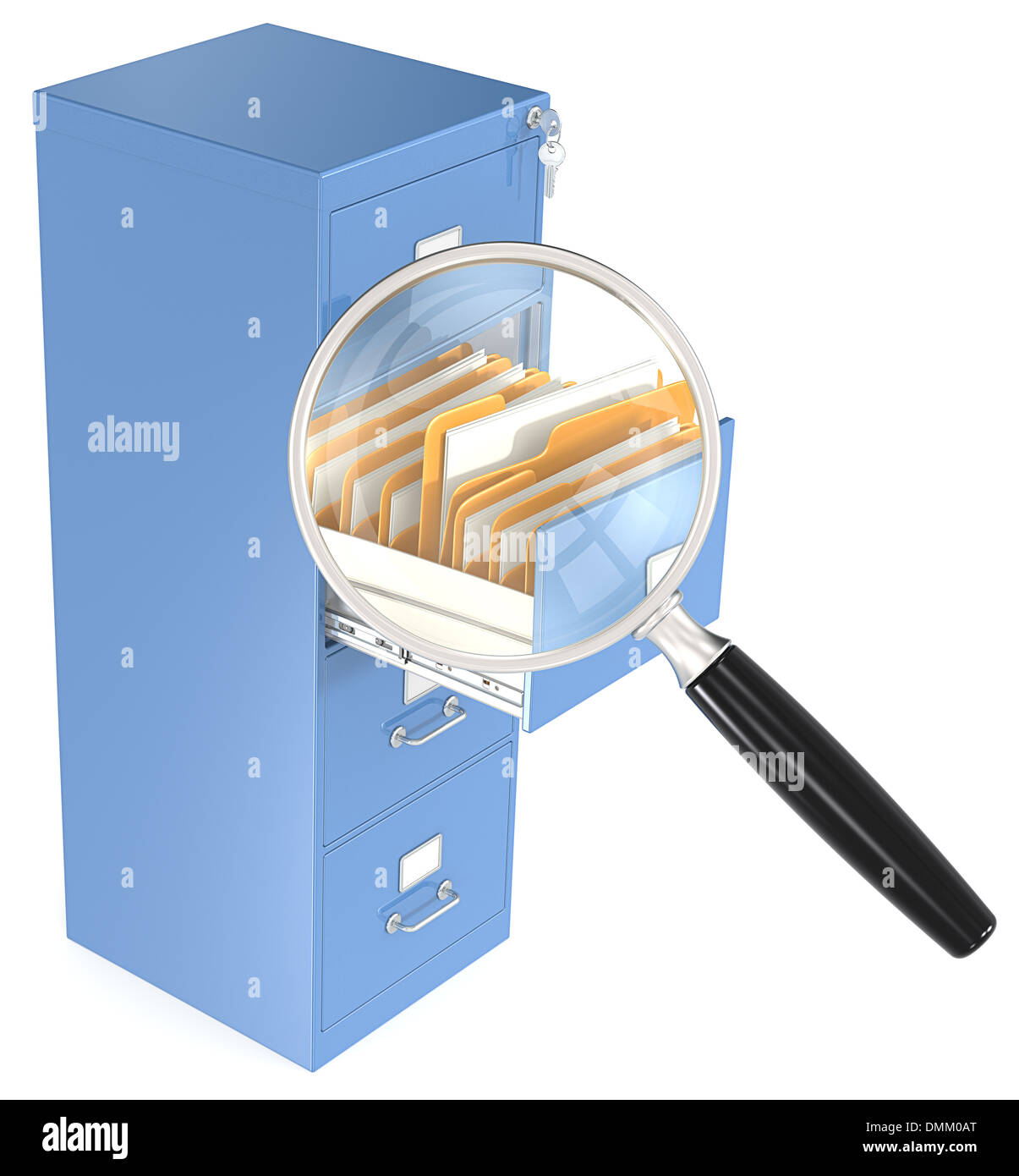 Magnifying glass over open file cabinet drawer Stock Photo - Alamy