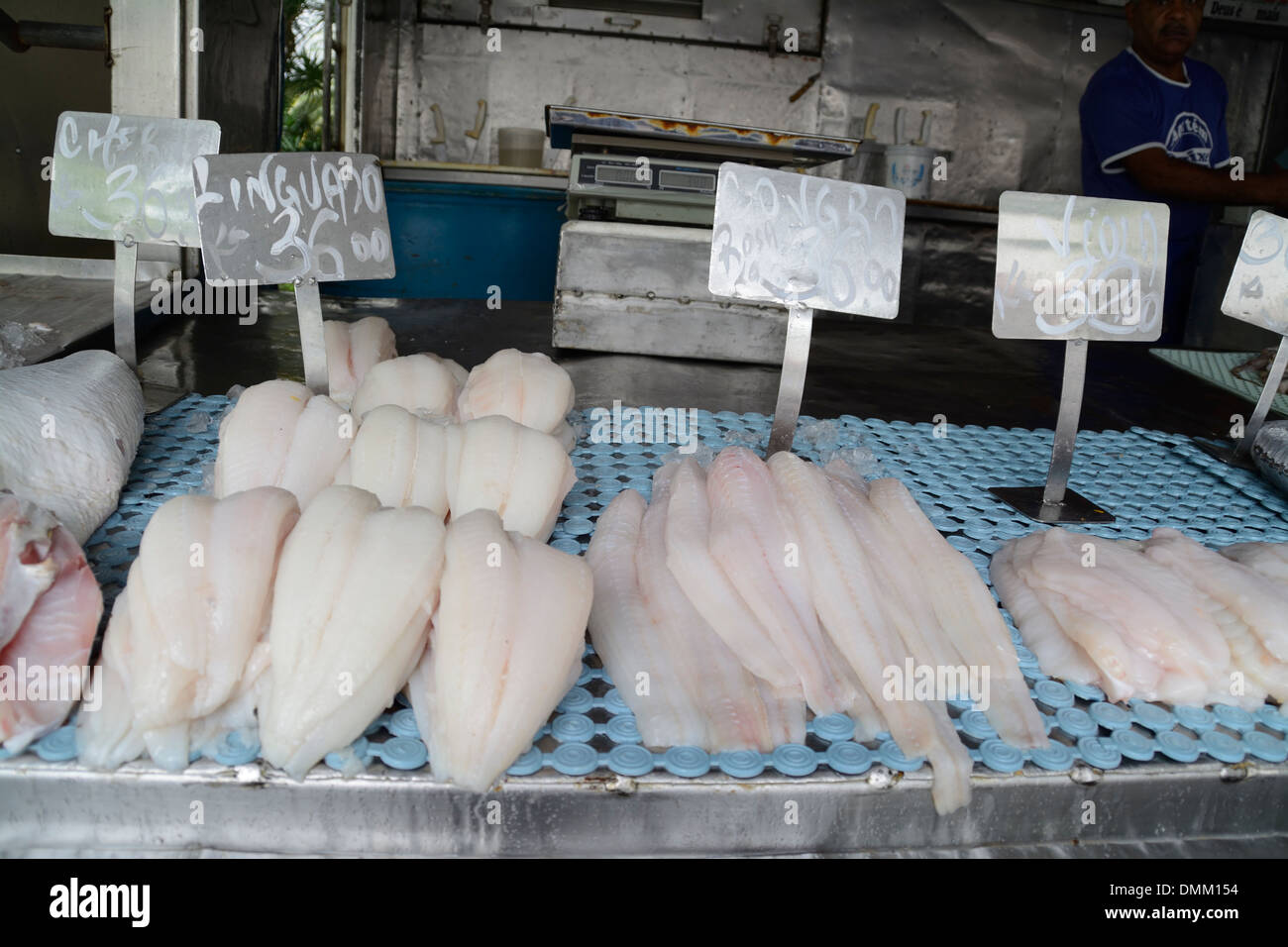 A fresh fish stall at a fruit and vegetable market in Rio de Janeiro ...