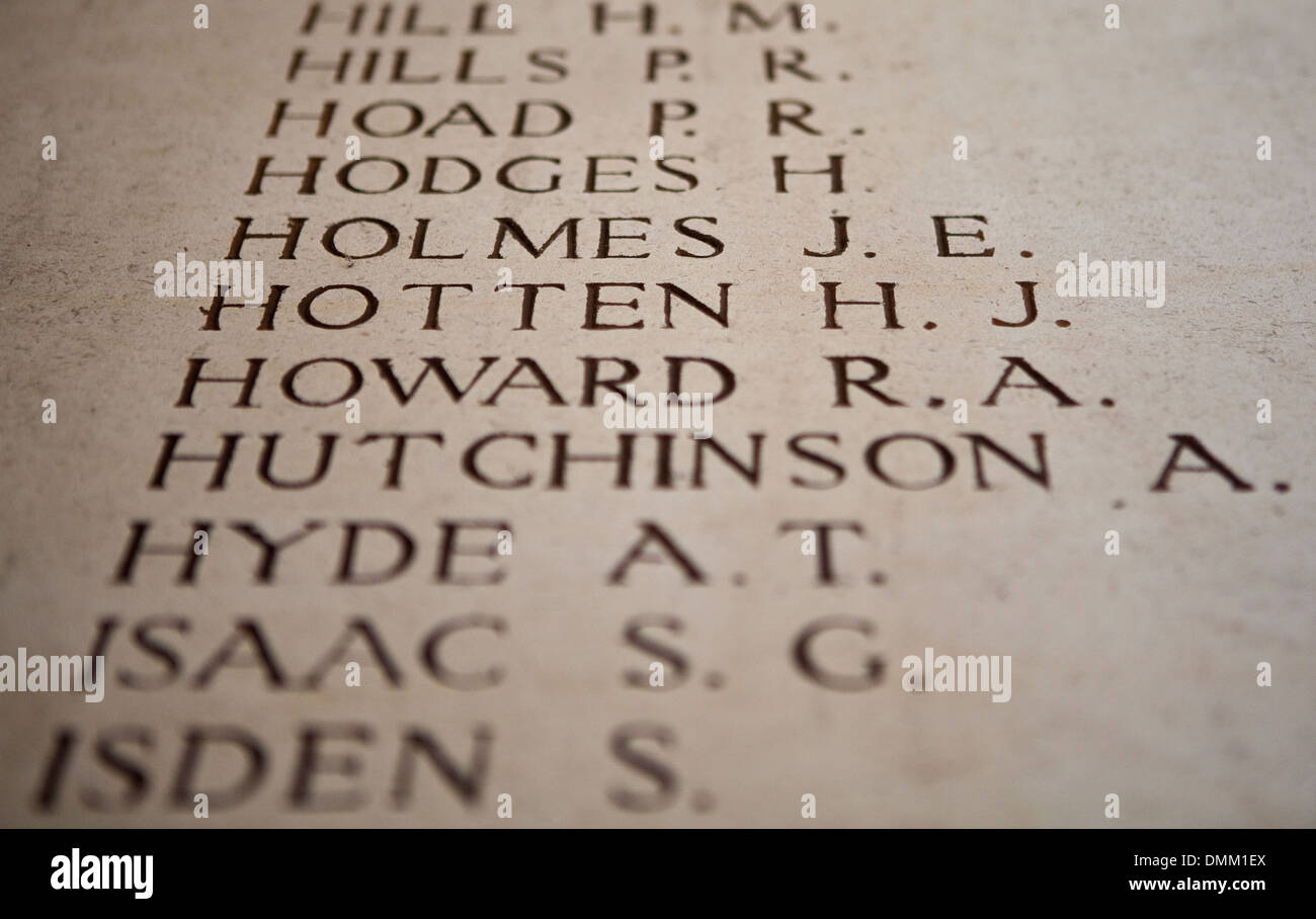 Names of fallen war heroes from the first World War on the Menin Gate ...
