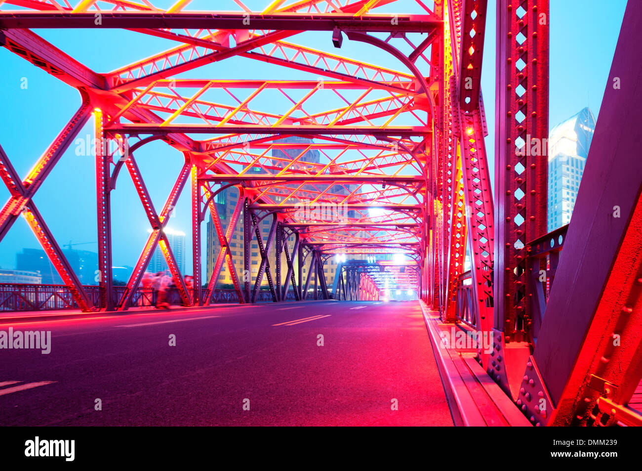 Night traffic lights inside of the Garden Bridge of shanghai china ...