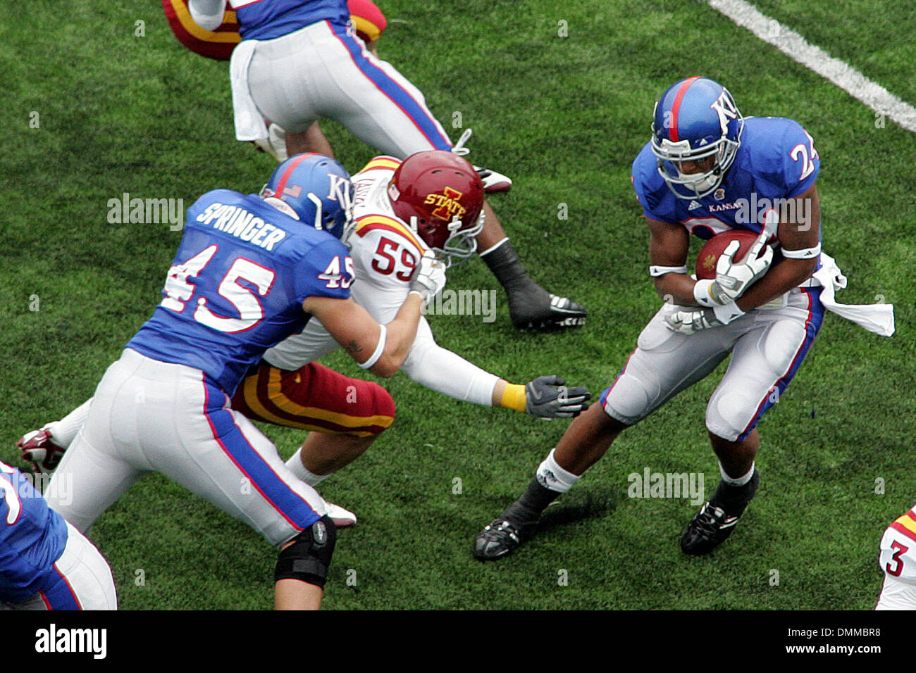 10 October 2009: Kansas linebacker Justin Springer (45) blocks Iowa ...