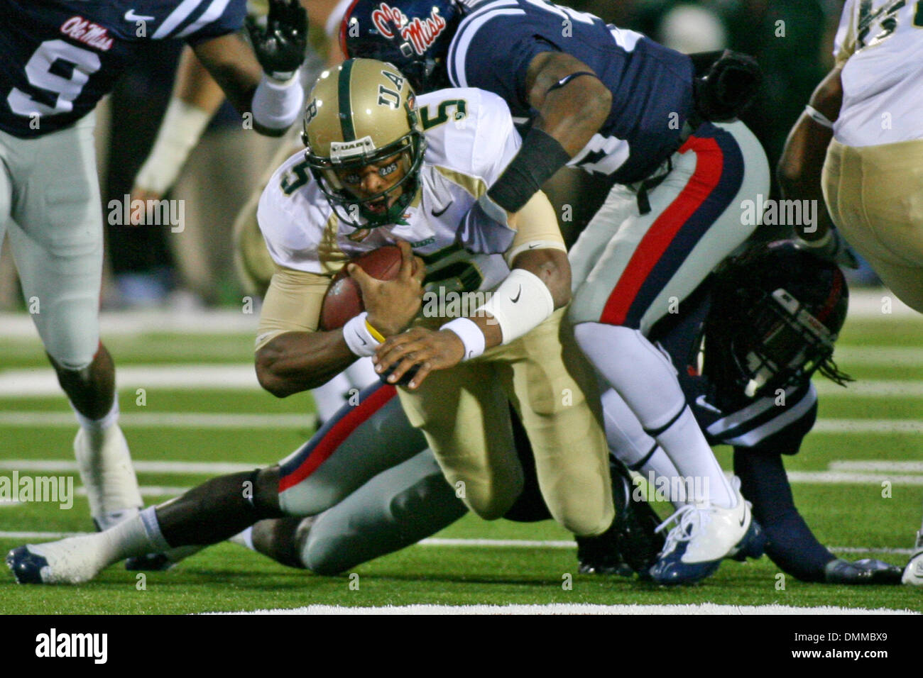17 October 2009: QB Joe Webb (5) gets taken down by the Ole Miss line ...