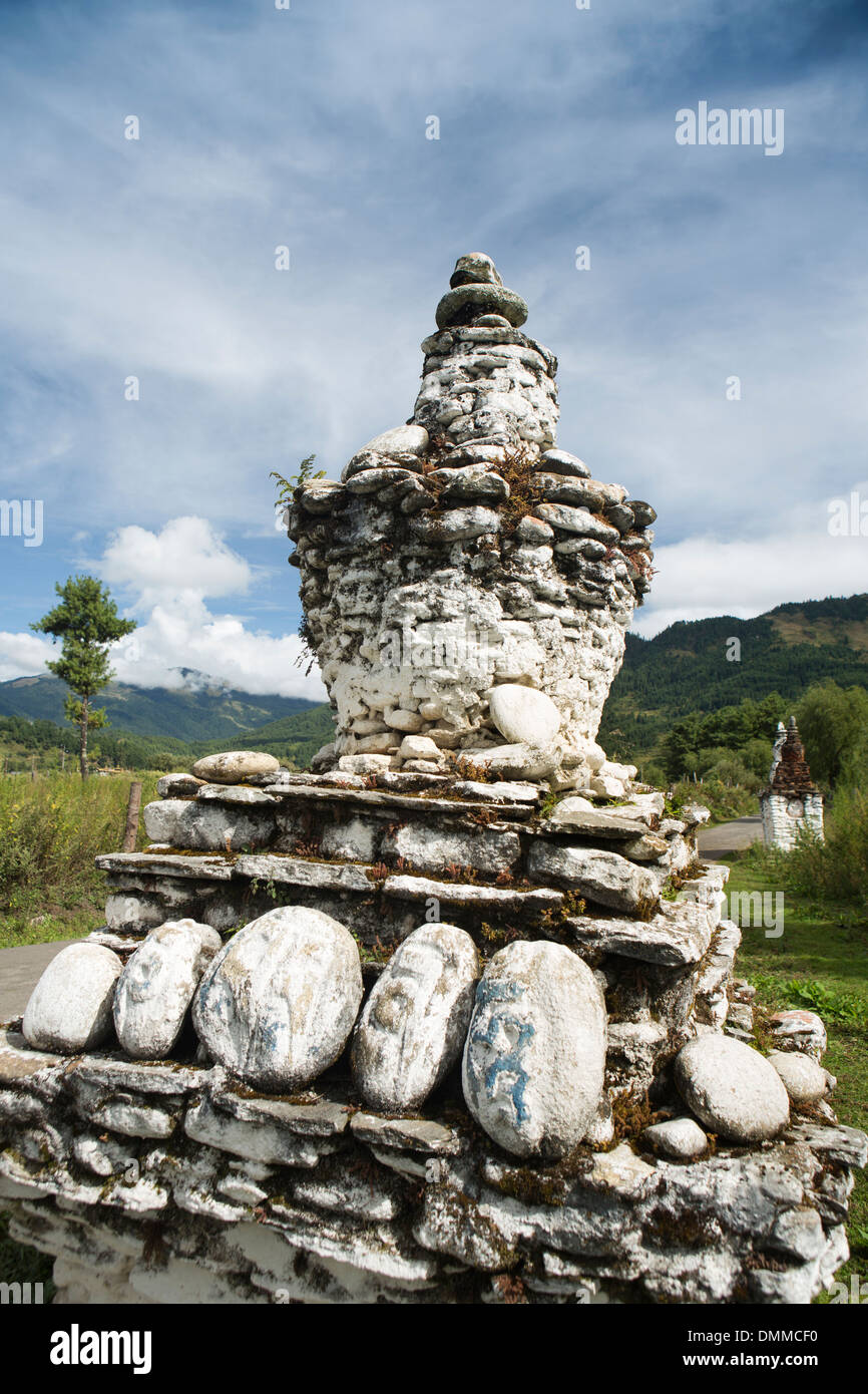 Bhutan, Bumthang Valley, Jambey old whitewashed stone chorten in rural ...
