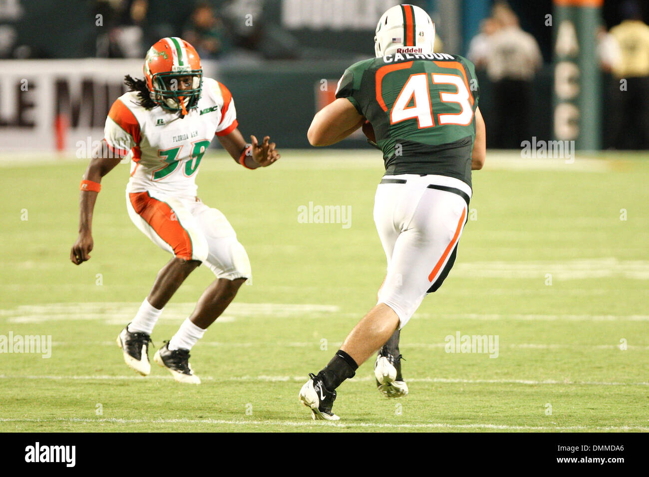 10 October 2009: Florida A&M's Fabian Wilson (38) defends against Miami ...