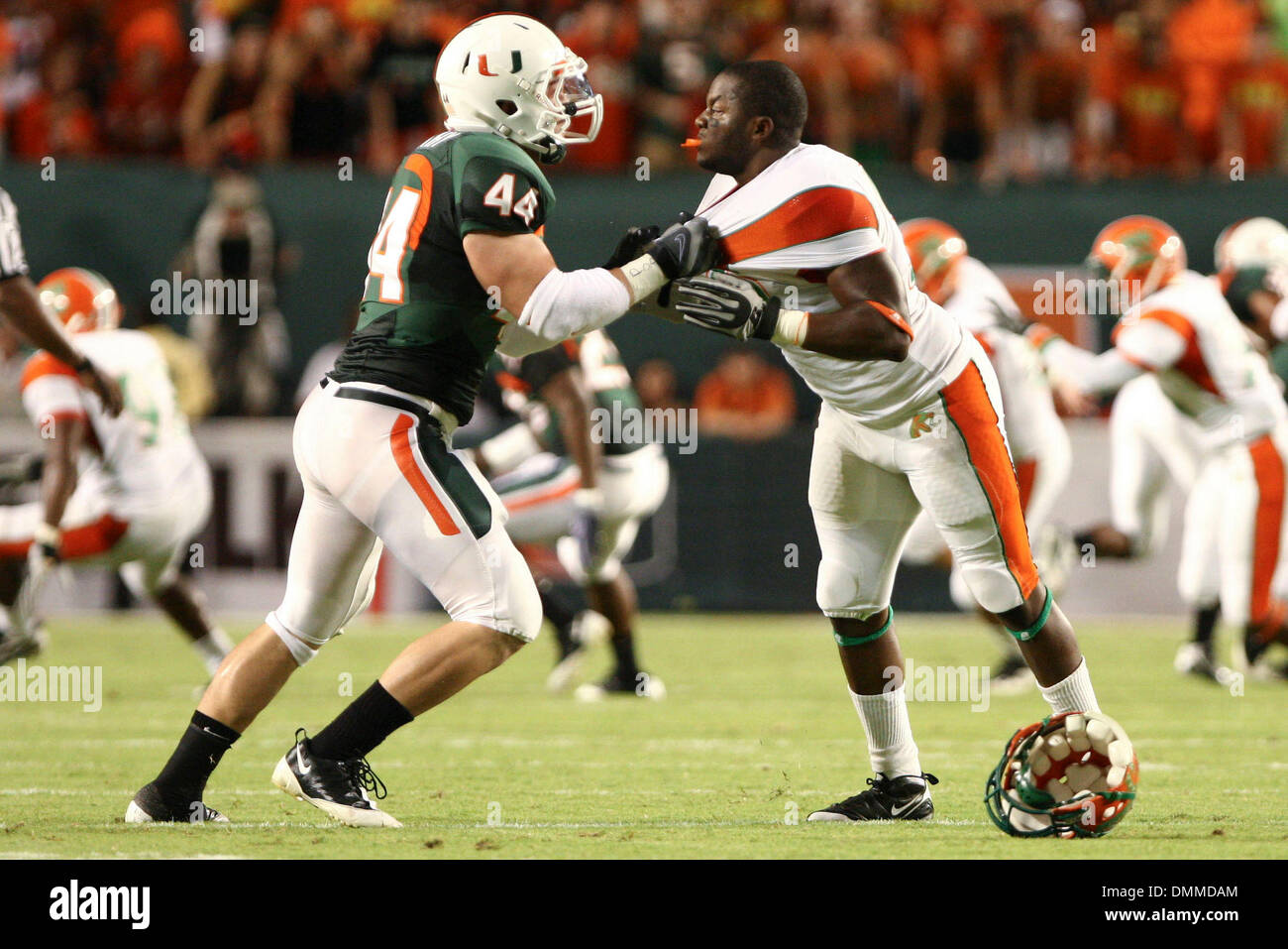 10 October 2009: Miami (FL) linebacker Colin McCarthy (44) gets into a ...