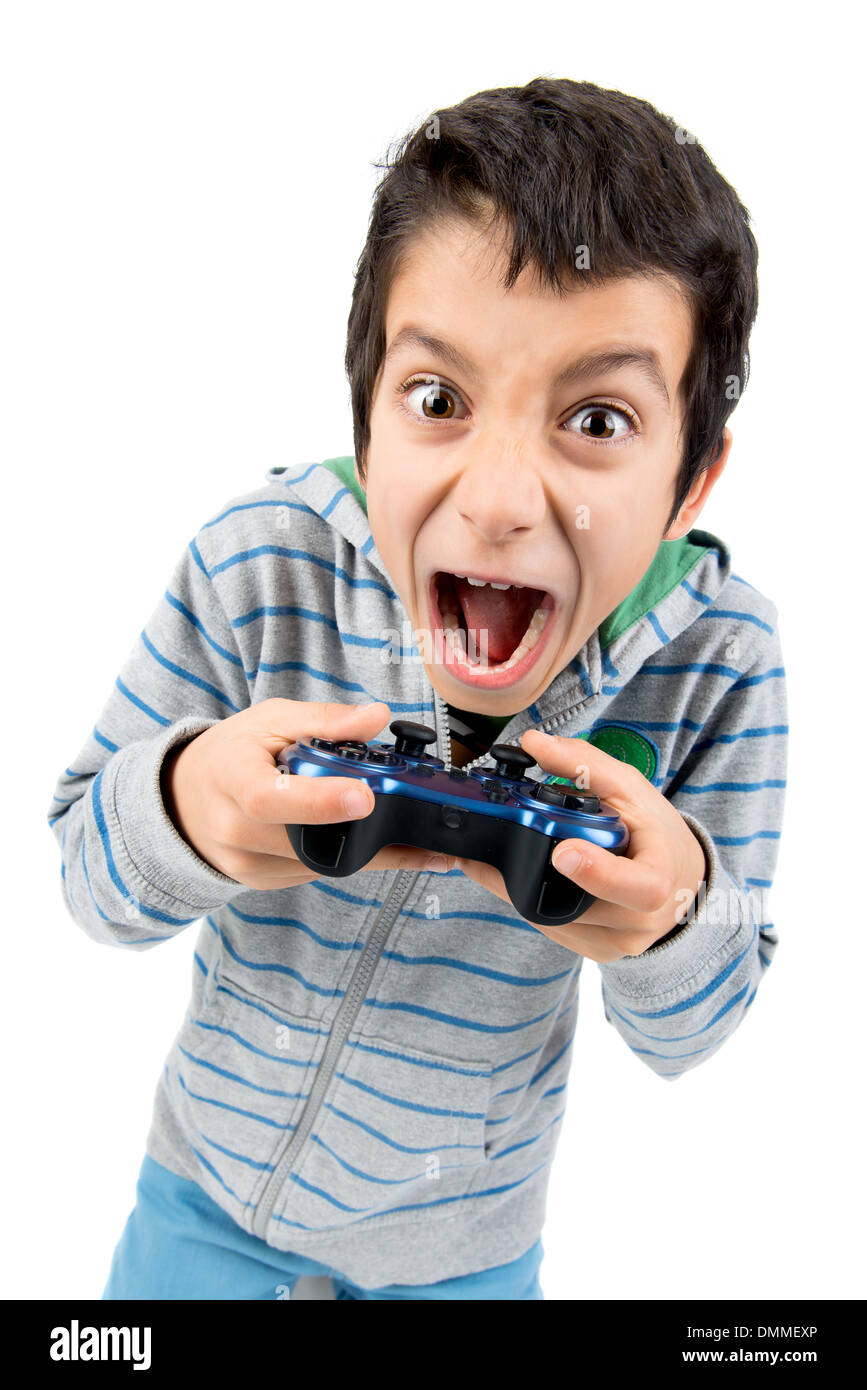 Boy playing video games making faces isolated in white Stock Photo - Alamy
