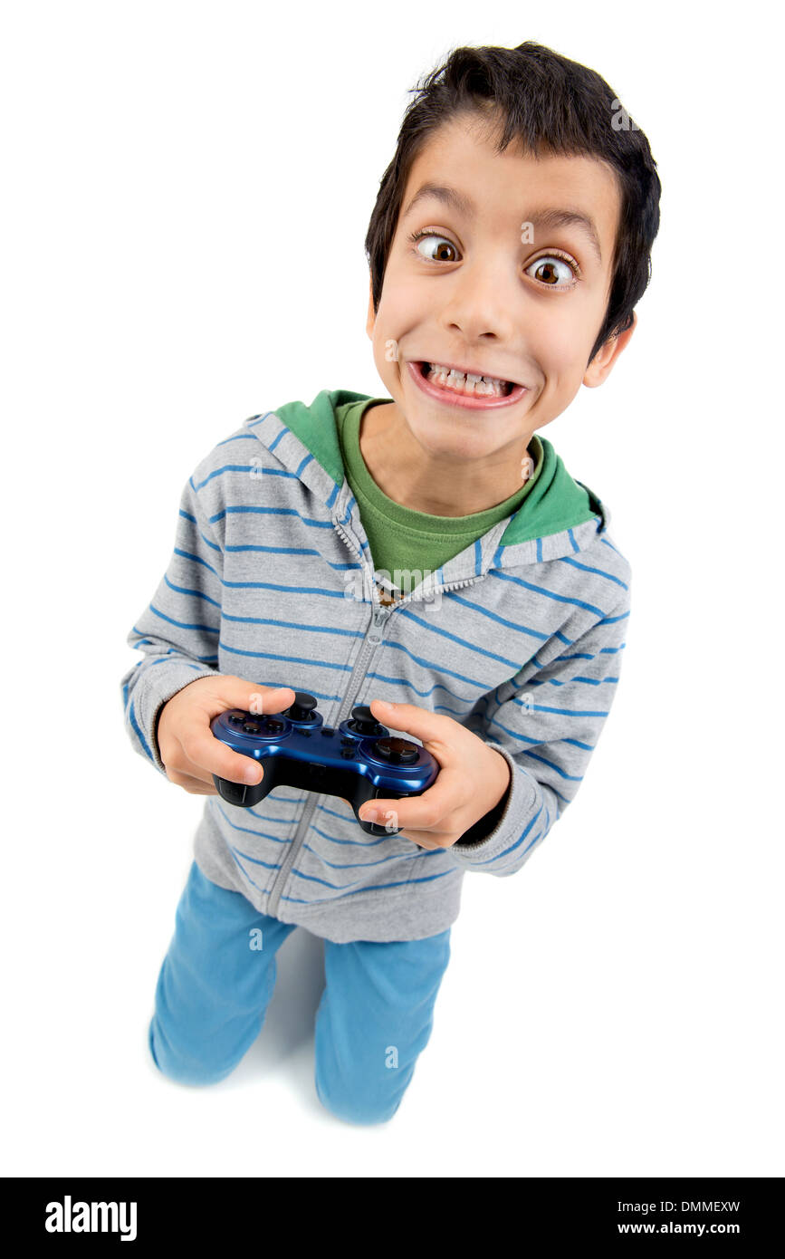 Boy playing video games making faces isolated in white Stock Photo - Alamy