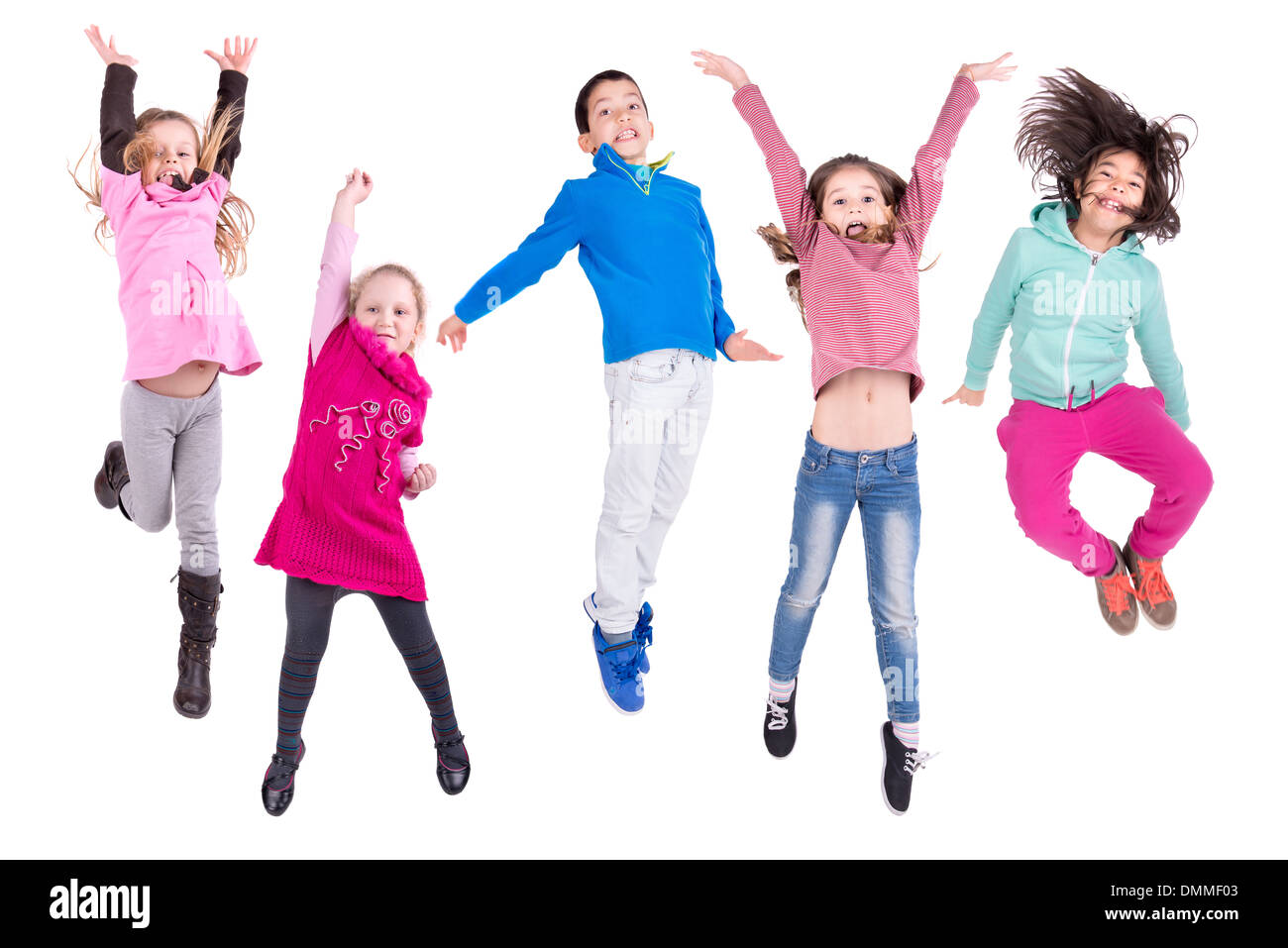Group of children jumping isolated in white Stock Photo - Alamy