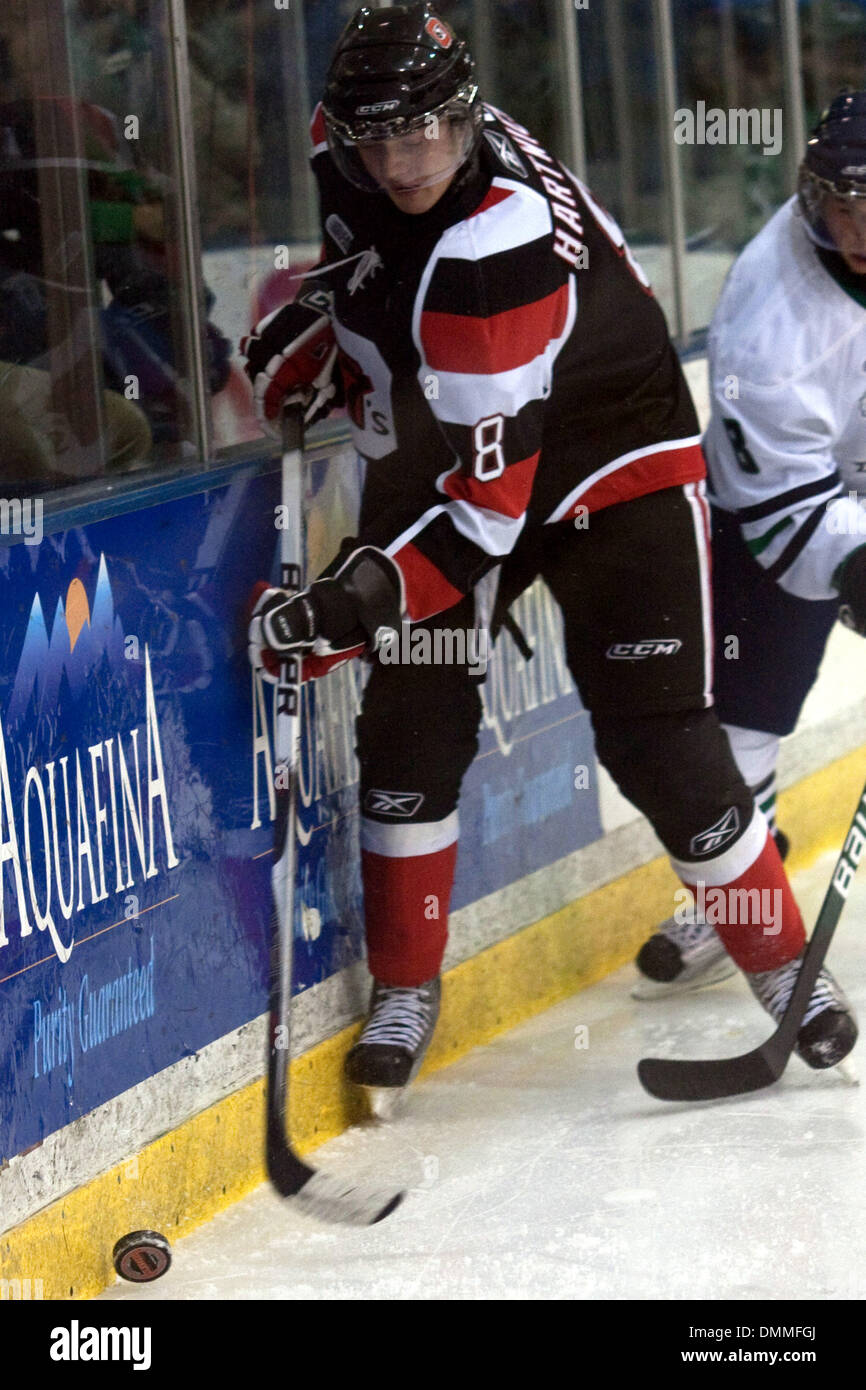 16 OCT 2009: Ottawa 67's defenseman Derek Hartwick (8) battles for the ...