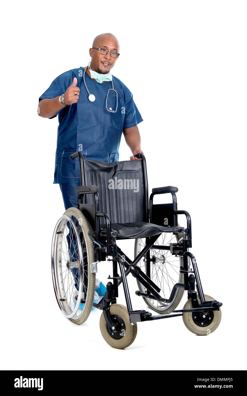 Dark skin doctor posing with a wheelchair Stock Photo - Alamy
