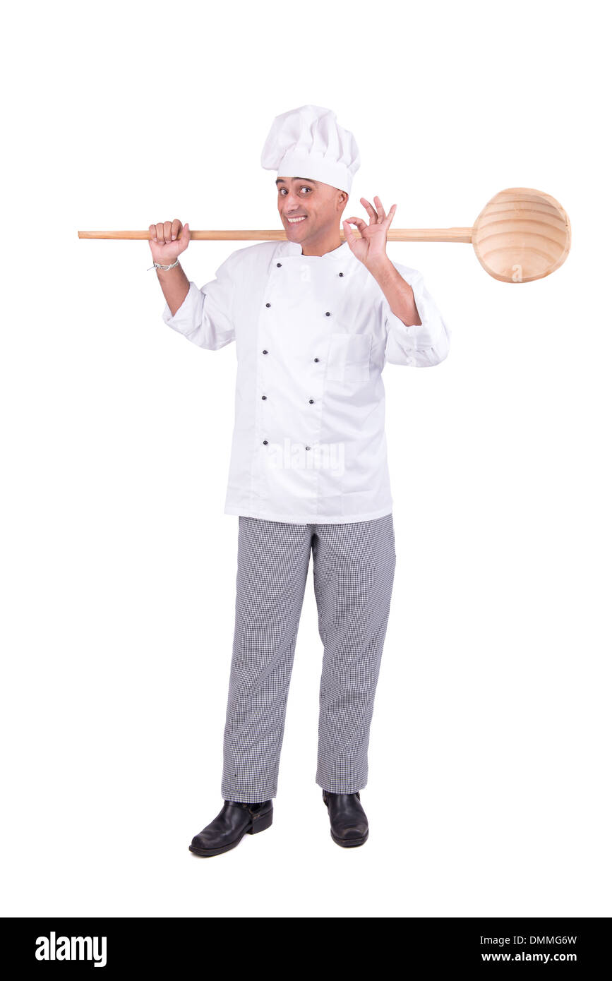 Male chef posing with huge wooden spoon isolated on white background ...