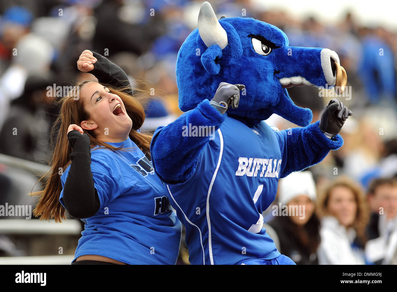 17 October 2009: Buffalo mascot Victor E. Bull (right) dances with a UB ...
