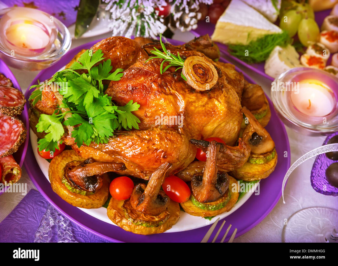 Close Up photo on tasty oven baked chicken with vegetables, romantic ...