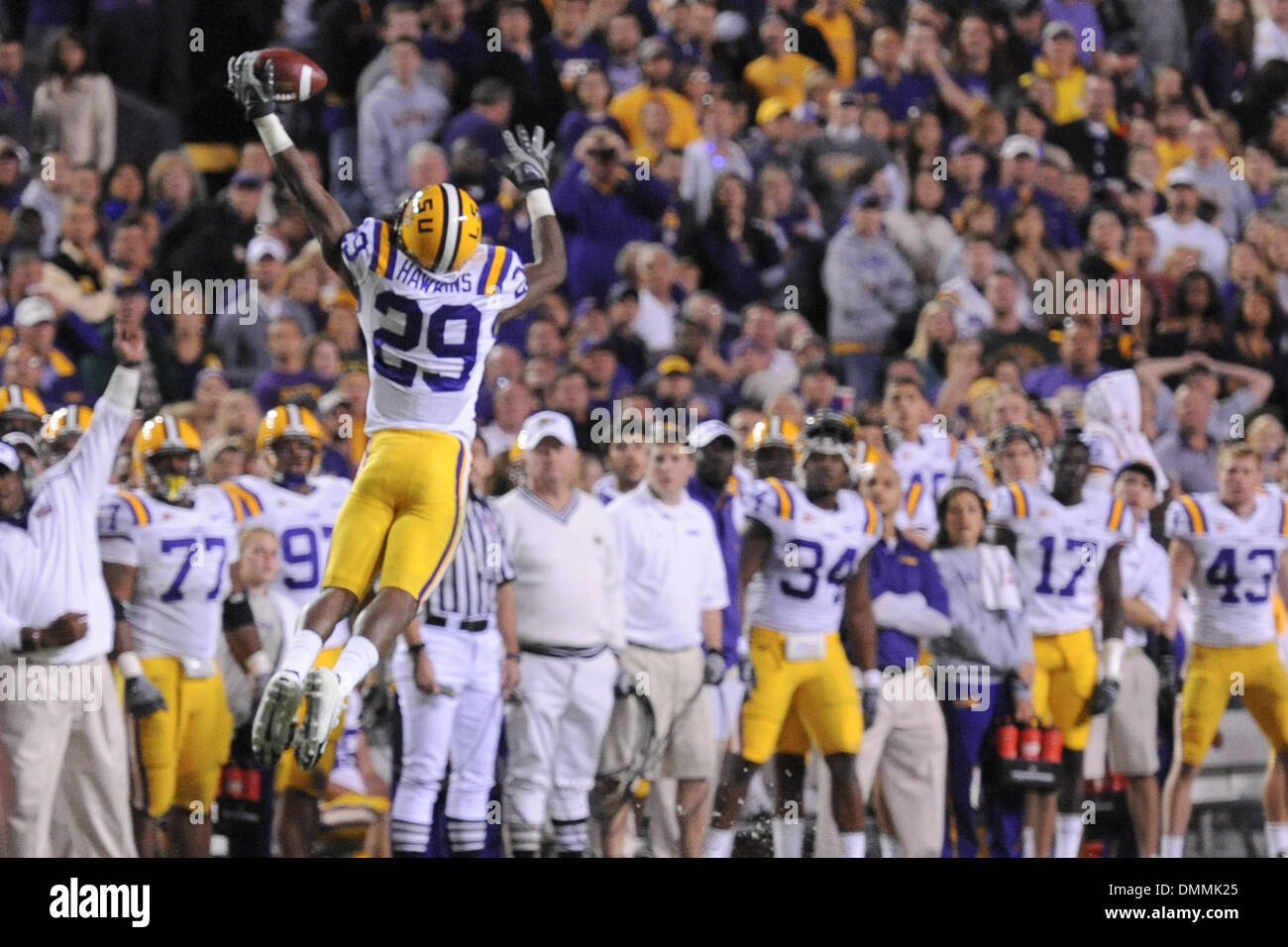 24 October 2009: LSU defensive back, #29 Chris Hawkins, makes a one ...