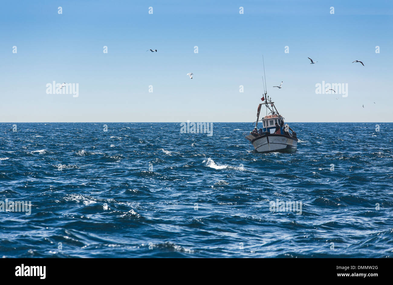 Morocco, Tangier, Moroccan fishing boat on the Strait of Gibraltar ...