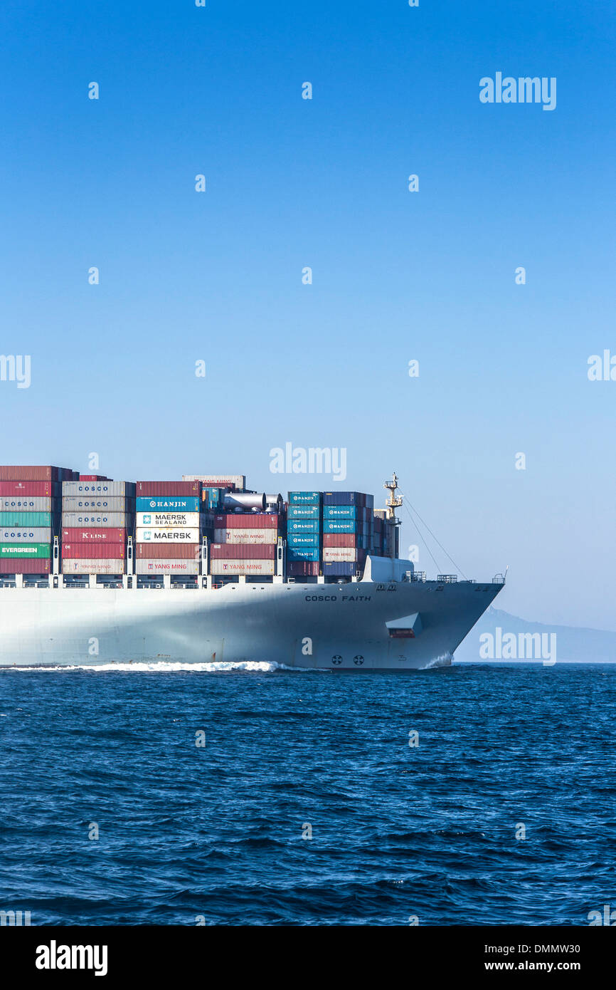 Spain, Andalusia, Tarifa, Cargo ship on the Strait of Gibraltar Stock ...