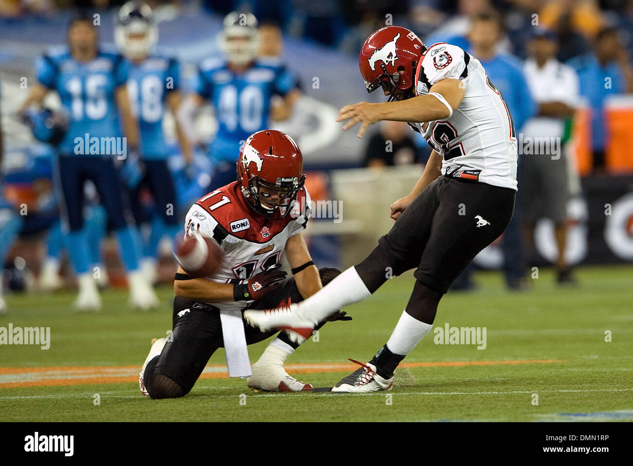 28 August 2009: Calgary Stampeders kicker Sandro DeAngelis #12 kicks a ...
