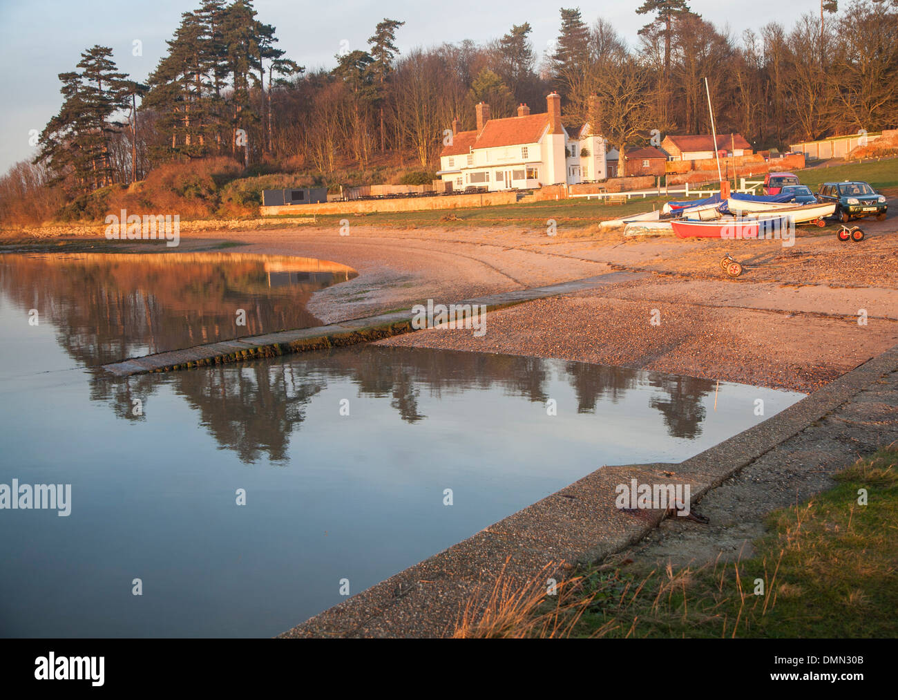 Boats by River Deben and Ramsholt Arms pub Suffolk England Stock Photo ...