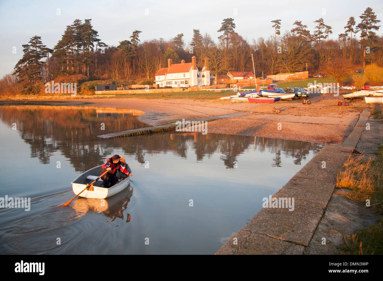 Boats by River Deben and Ramsholt Arms pub Suffolk England Stock Photo ...