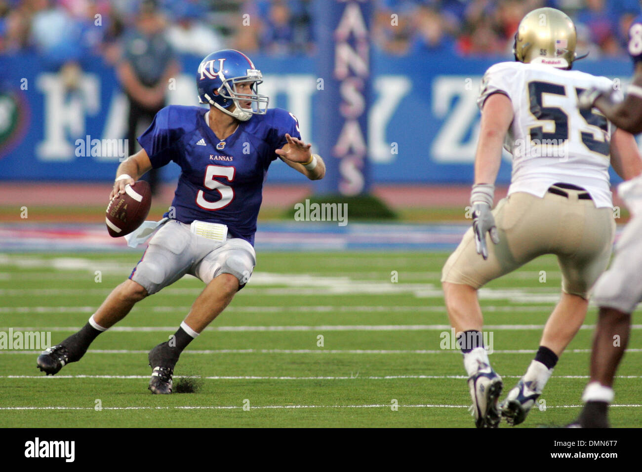 4 September 2009: Kansas quarterback Todd Reesing (5) looks to pass ...