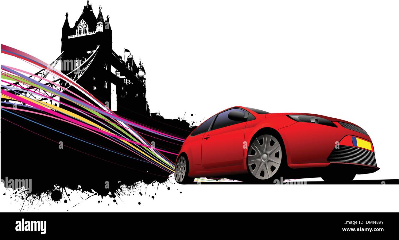 London on Tower bridge and red car coupe images. Vector illustration ...