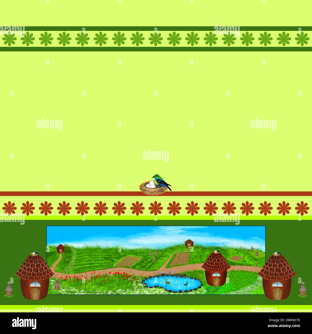 Seamless border with summer illustration and bird's nest Stock Photo ...