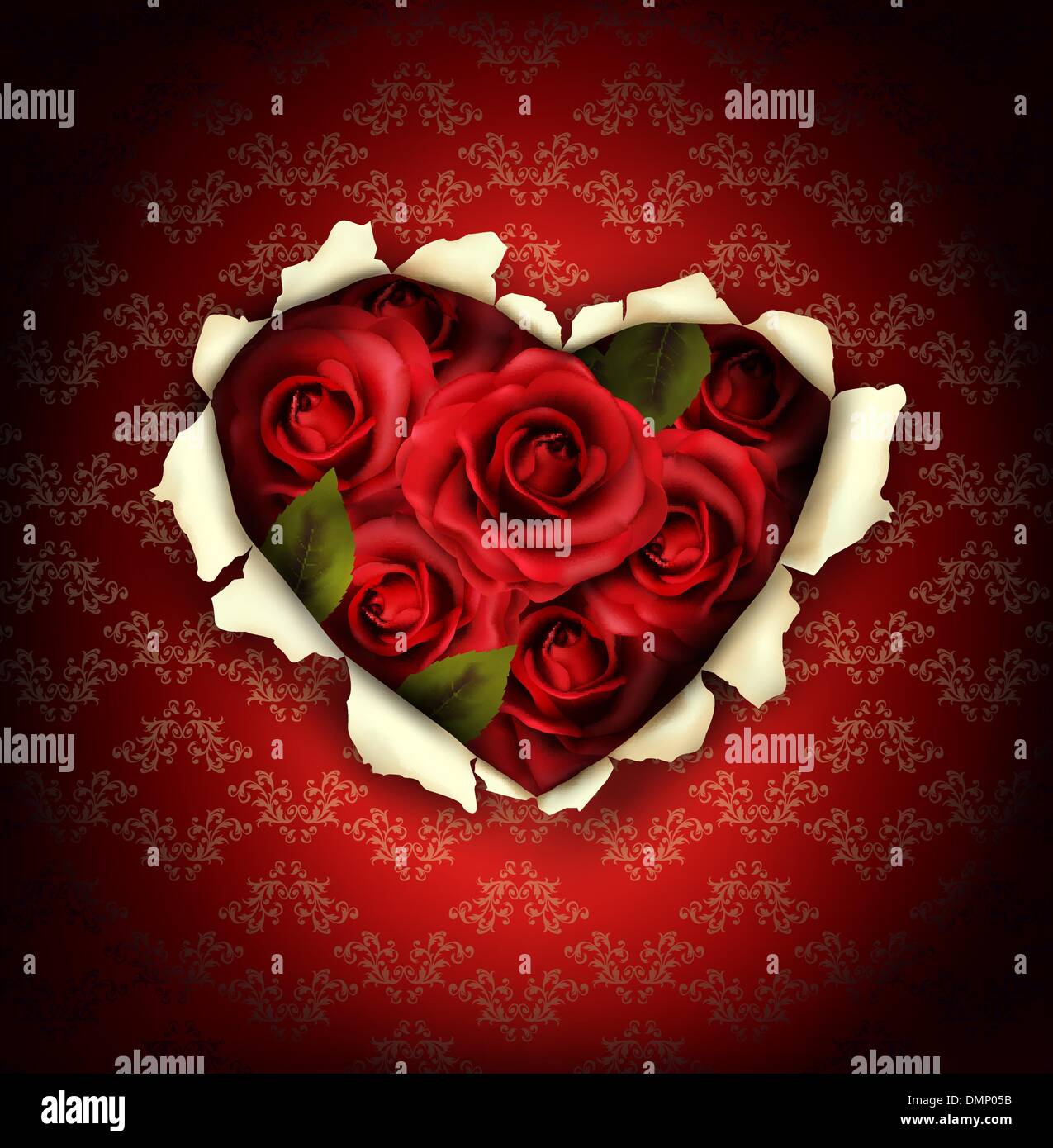 Valentine Heart Card Design. Red roses and ripped paper heart. V Stock ...