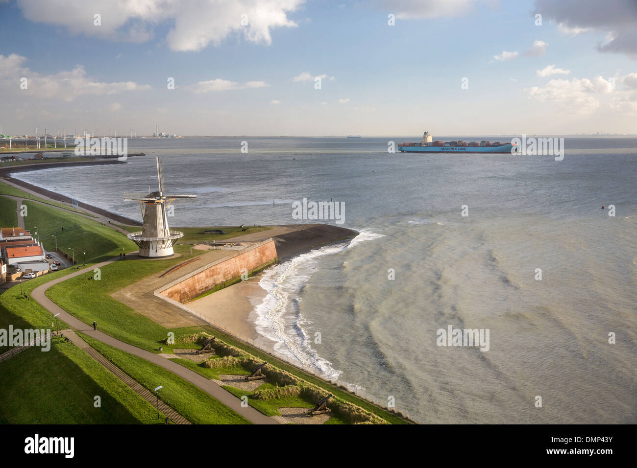 Netherlands, Vlissingen, View from Arsenaal Tower on windmill ...
