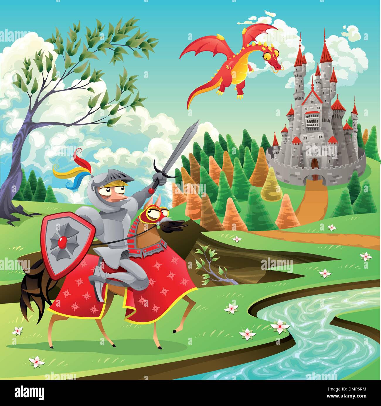 Panorama with medieval castle, dragon and knight Stock Vector Image ...