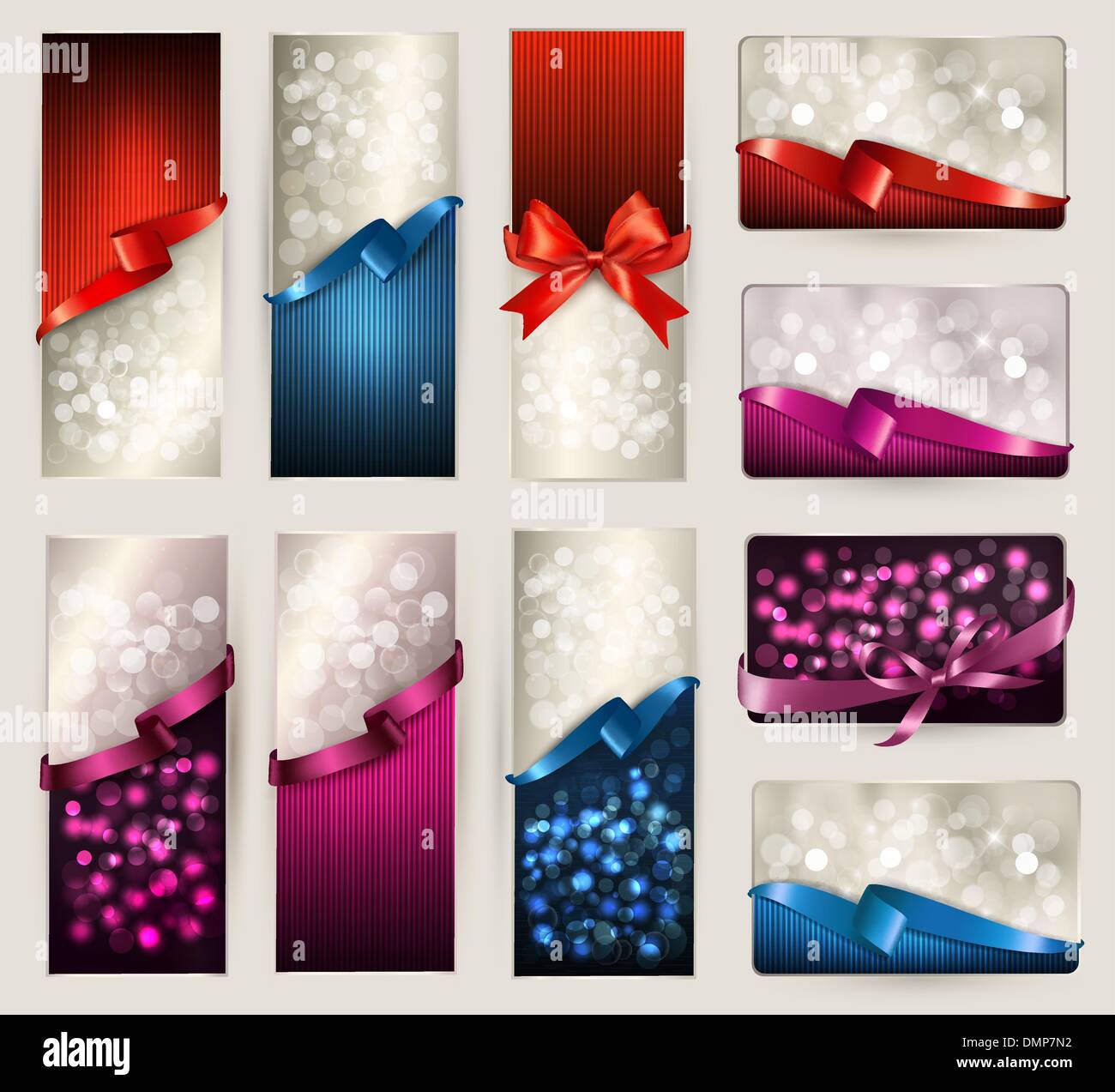 Set of beautiful Gift cards and banners with color gift ribbons Stock ...