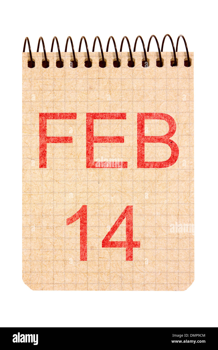 14 February calendar on recycle paper. Isolated on white background ...