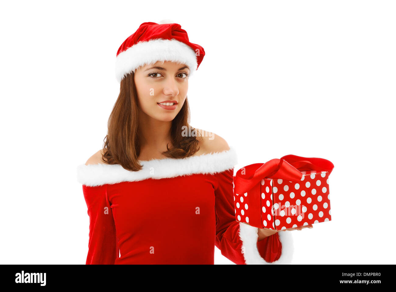 Pretty Santa with a Christmas gift Stock Photo - Alamy