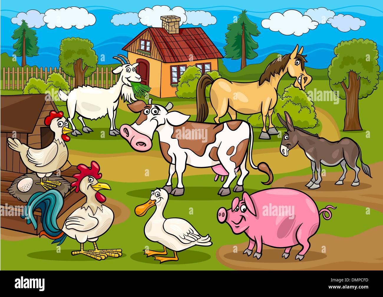 farm animals rural scene cartoon illustration Stock Vector Image & Art ...