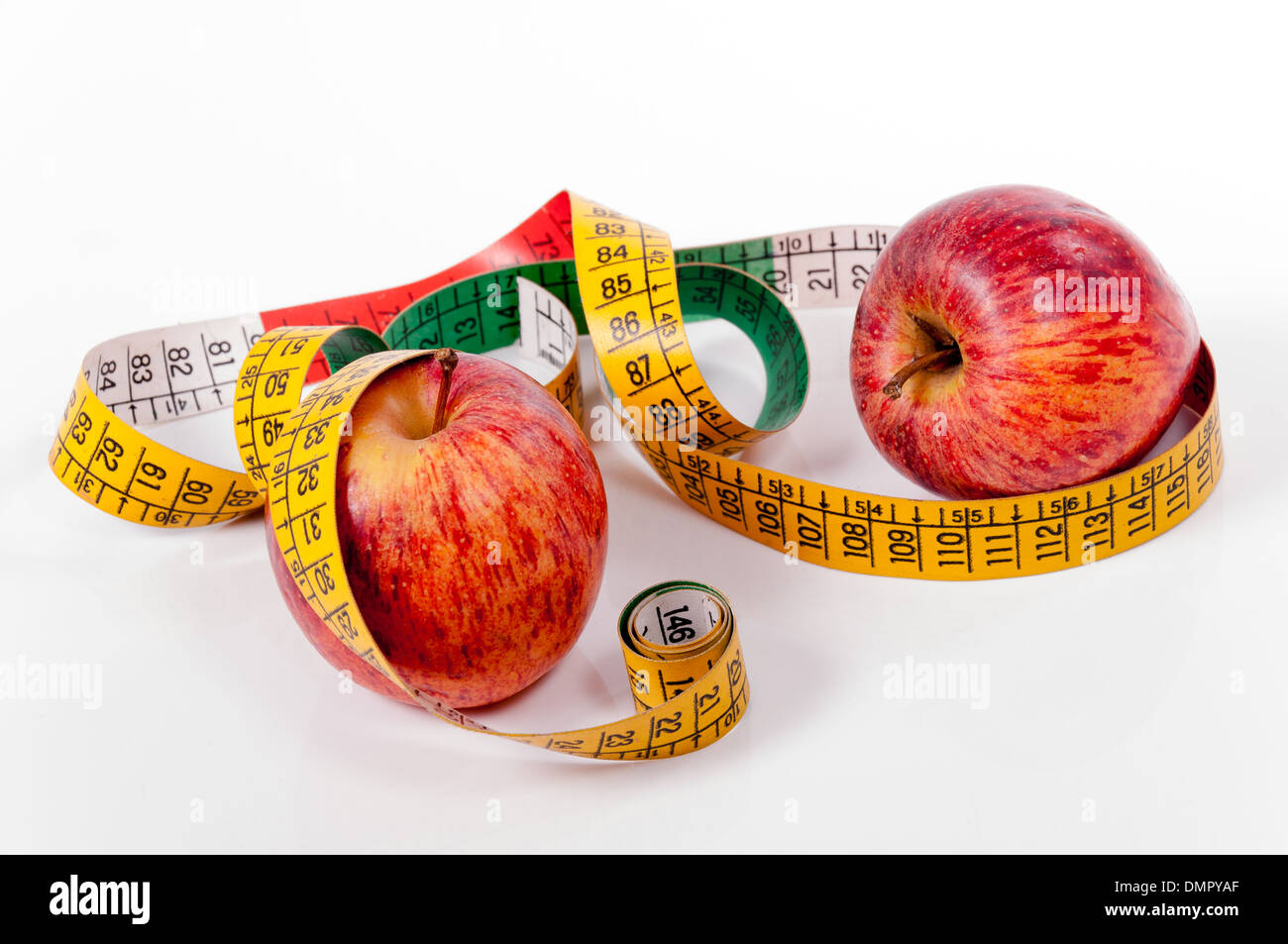 Tape measure and red apple isolated on white background Stock Photo - Alamy