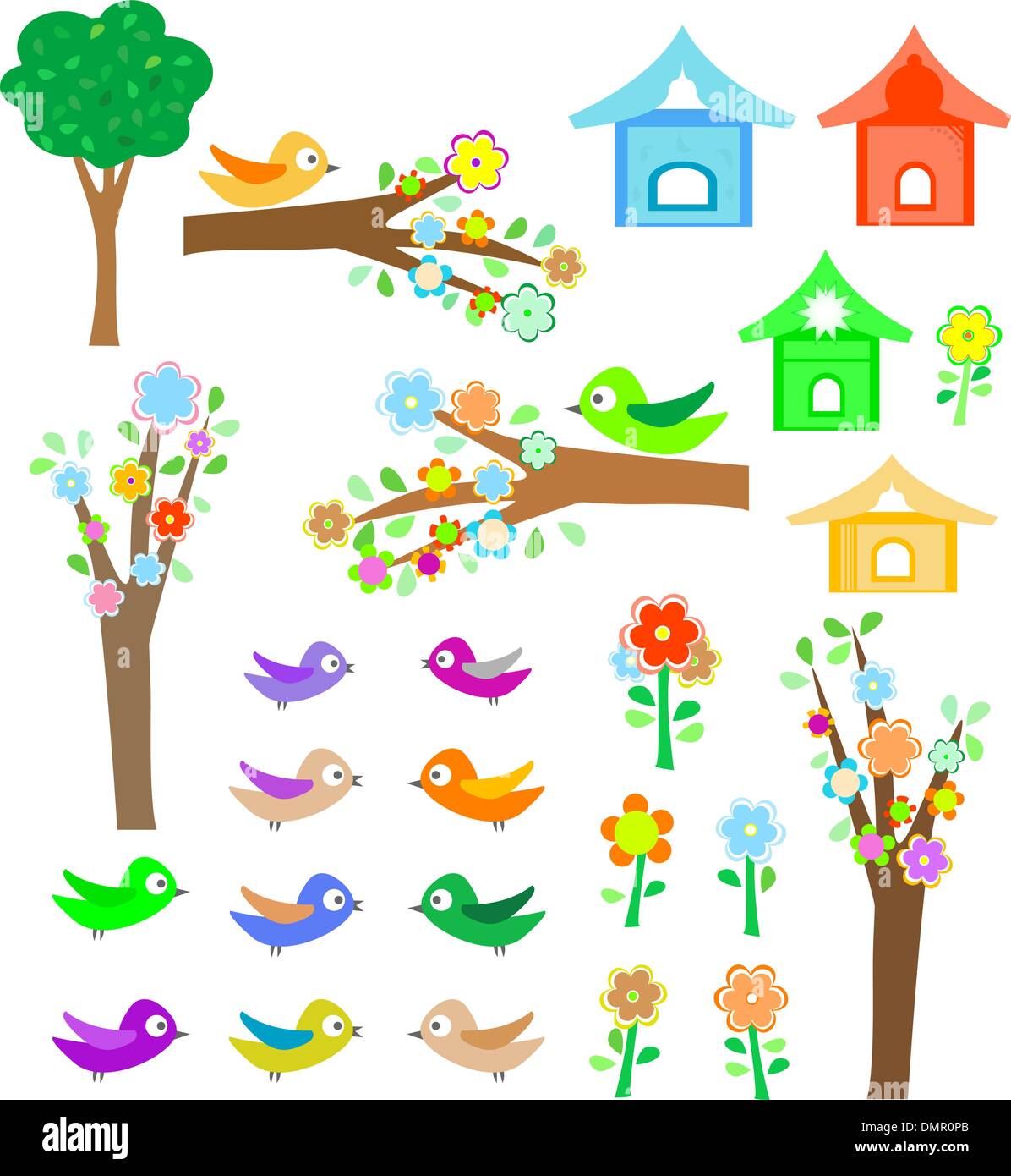 Set birds with birdhouses, trees and flowers Stock Vector Image & Art ...