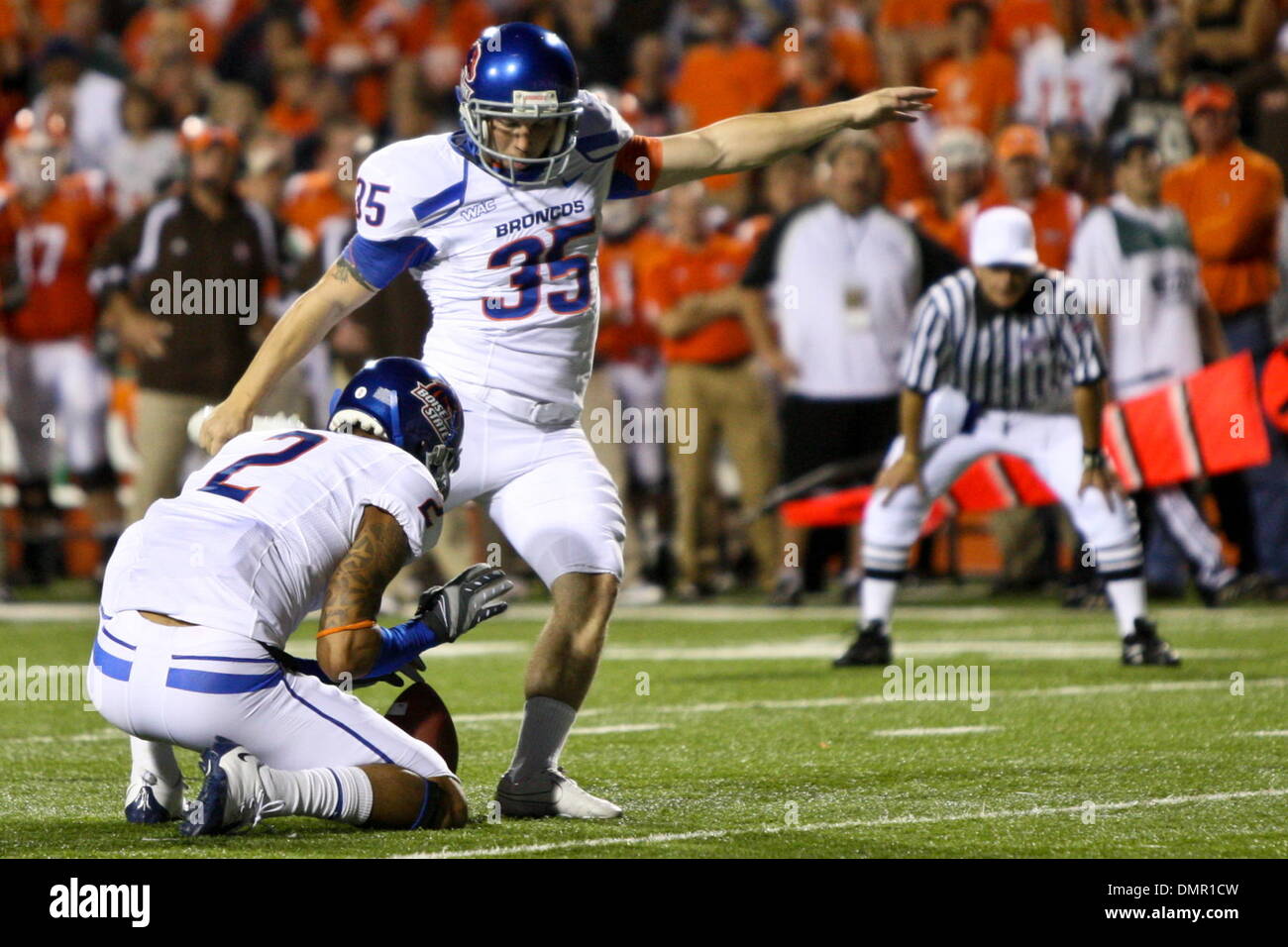 Boise State kicker Kyle Brotzman (35) kicks an extra point during game ...